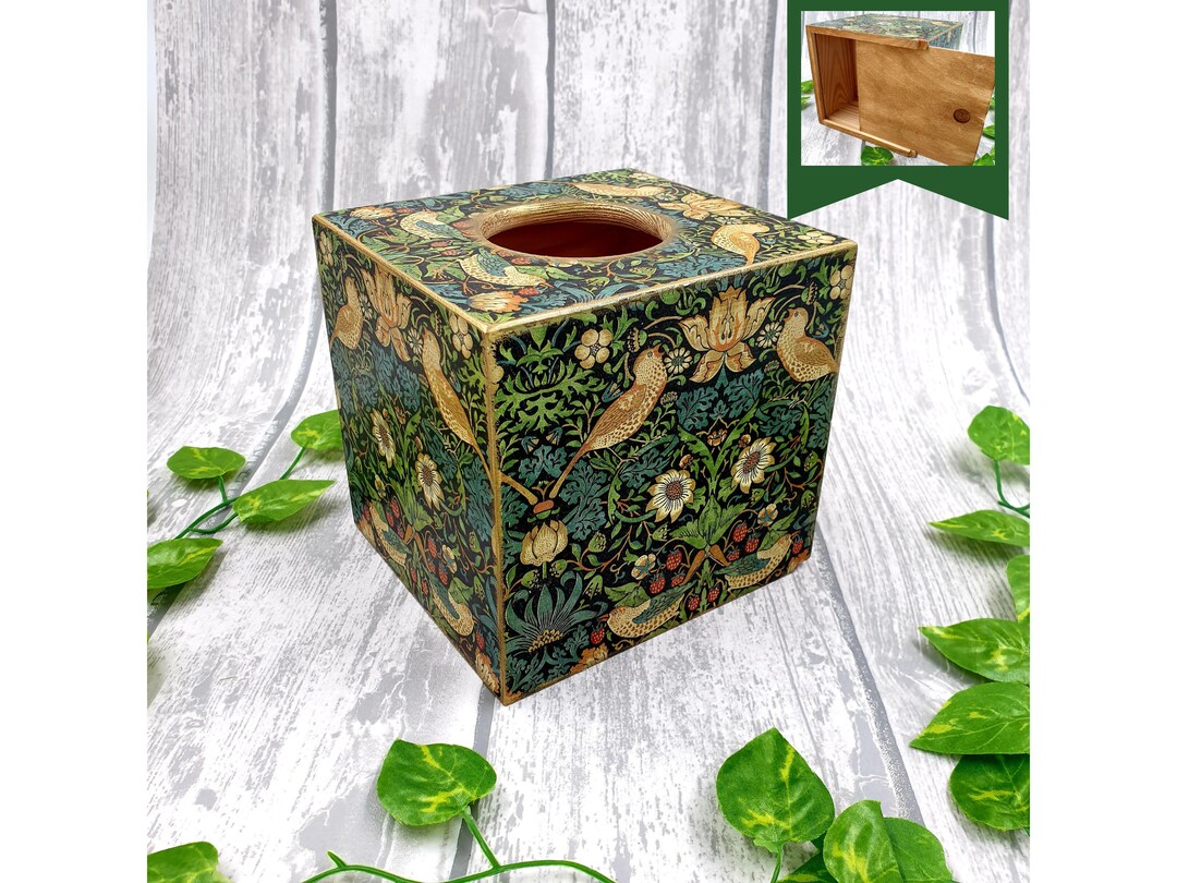 William Morris Birds Tissue Box, Wooden Square Tissue Cover With Gold ...