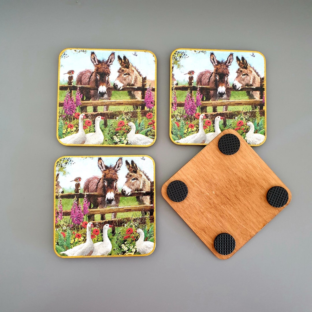 Farm Themed Coasters Set Wooden Animal With Robin Tableware Donkey and ...