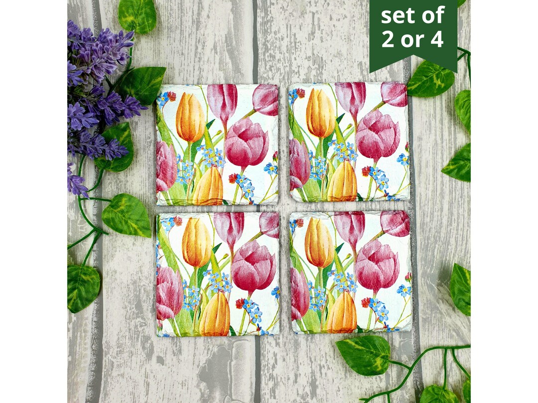 Tulips Forget Me Not Coasters Set, Bright Coasters With Tulips Floral ...