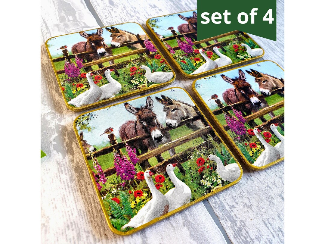 Farm Themed Coasters Set of 4, Donkey Goose Coasters, Bright Animals ...