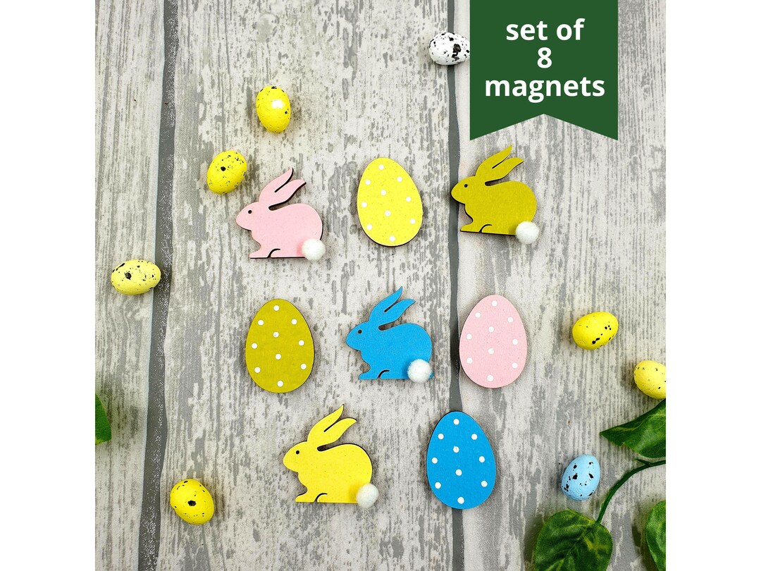 Easter Bunny Eggs Magnets, Set of 8 Wooden Spring Magnets, Pastel ...