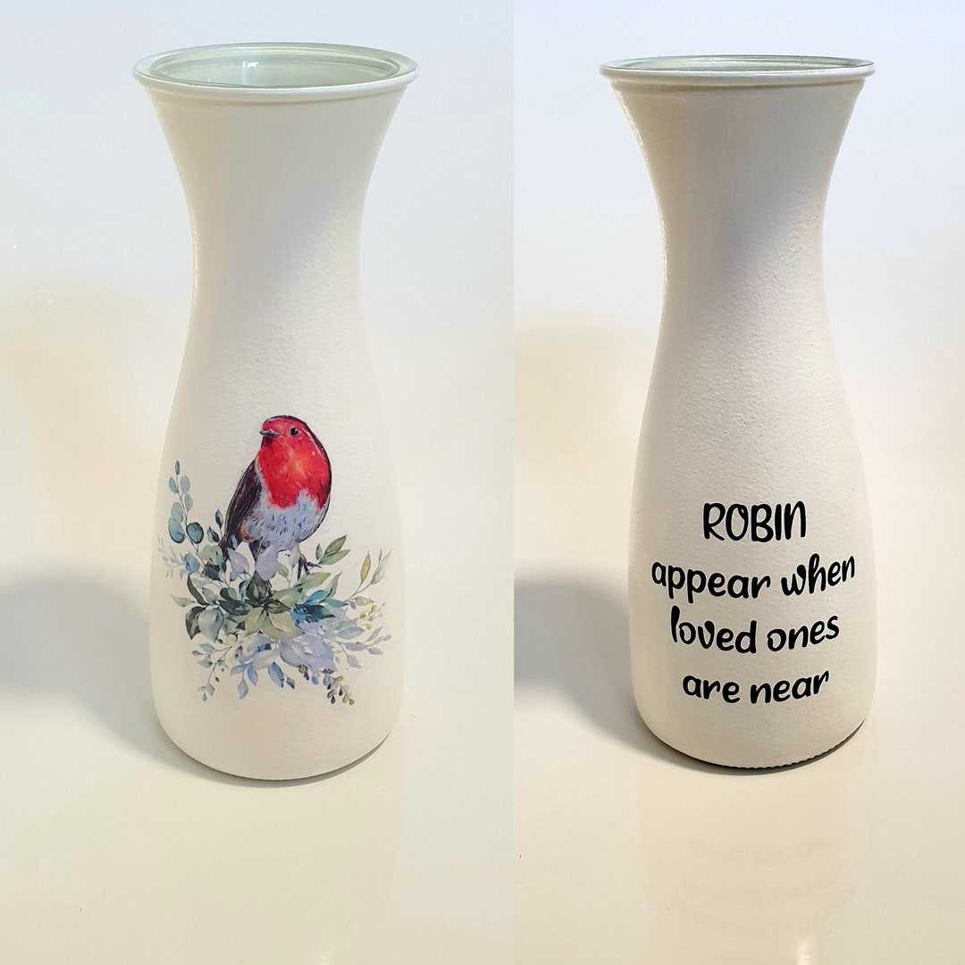 Robin Flowers Vase White Glass Vase With Robin Bird Handmade Memorial ...