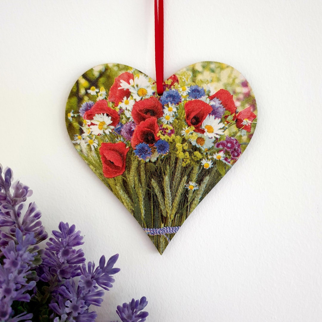 Field Flowers Hanging Heart,, 10 Cm Wooden Hanging Heart With Poppy ...