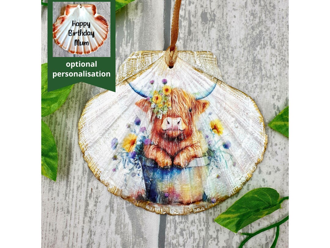 Personalised Highland Cow Hanging Shell Cute Hairy Cow Ornament, Brown ...