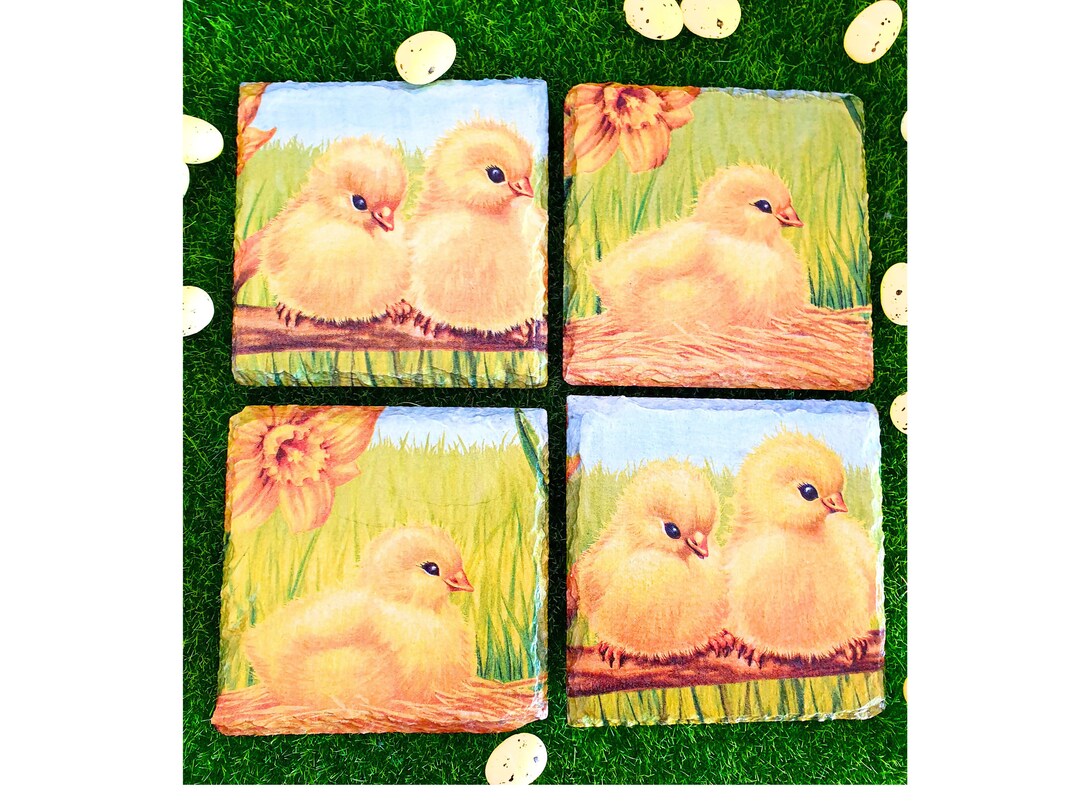 Spring Chicks Coasters Set of 4, Bright Easter Coasters With Cute ...
