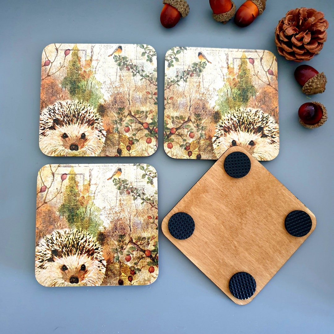 Autumn Hedgehog and Robin Coasters Set of 2 or 4, Wooden Brown Coasters ...