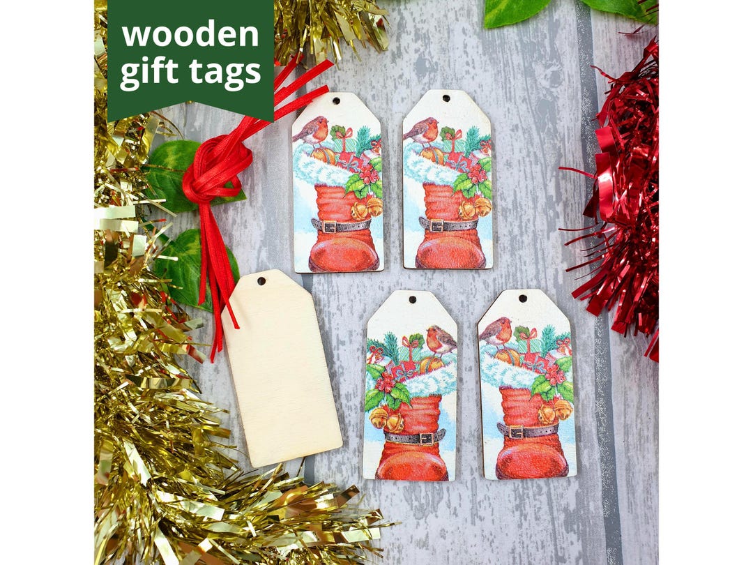 Christmas Santa Boot Robin Gift Tags Set, Christmas Wooden Gift Tags ...