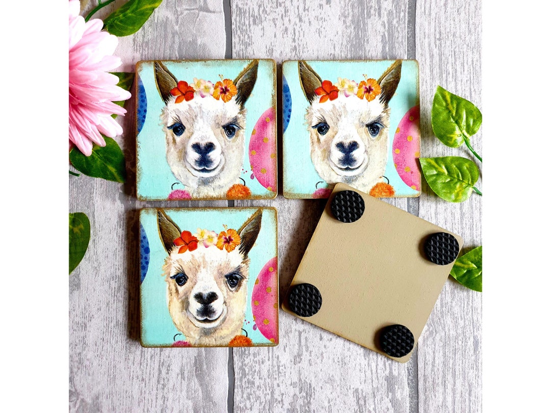 Funky Lama Coasters, Set of 2 or 4 Wooden Coasters With Birthday Lama ...