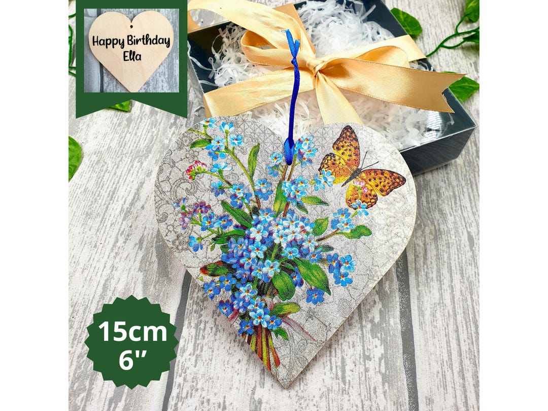 Personalised Forget Me Not Hanging Heart, 6'' Wooden Grey Heart Blue ...