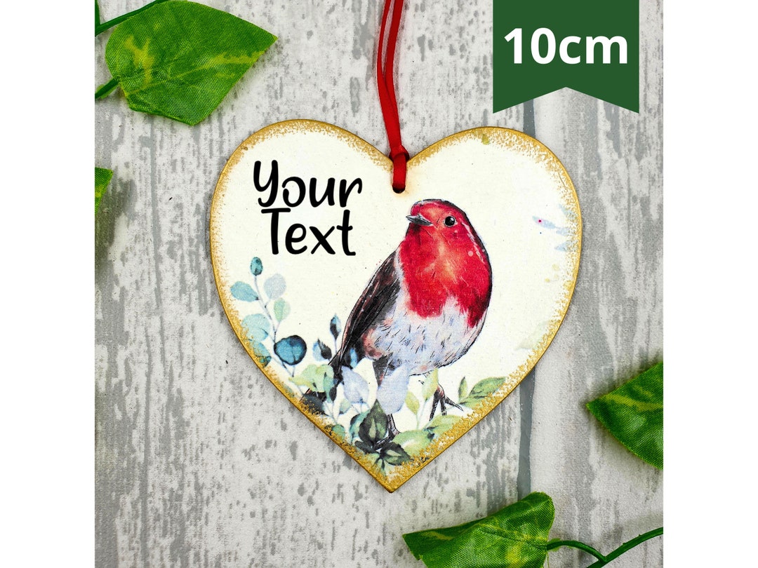 Personalised Robin Heart 10cm, Wooden Hanging Memorial Robin Ornament ...