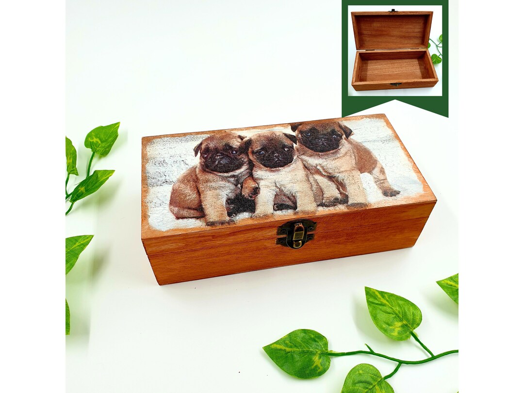Cute Pugs Wooden Box, Small Storage Box With 3 Pugs Puppies, Brown ...