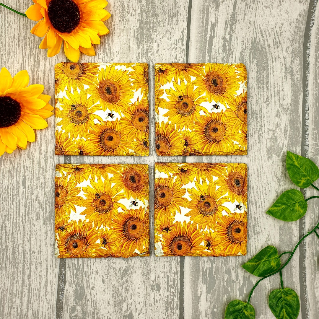 Sunflowers Coasters Set, Slate Yellow Coasters, Sunflowers and Bee ...