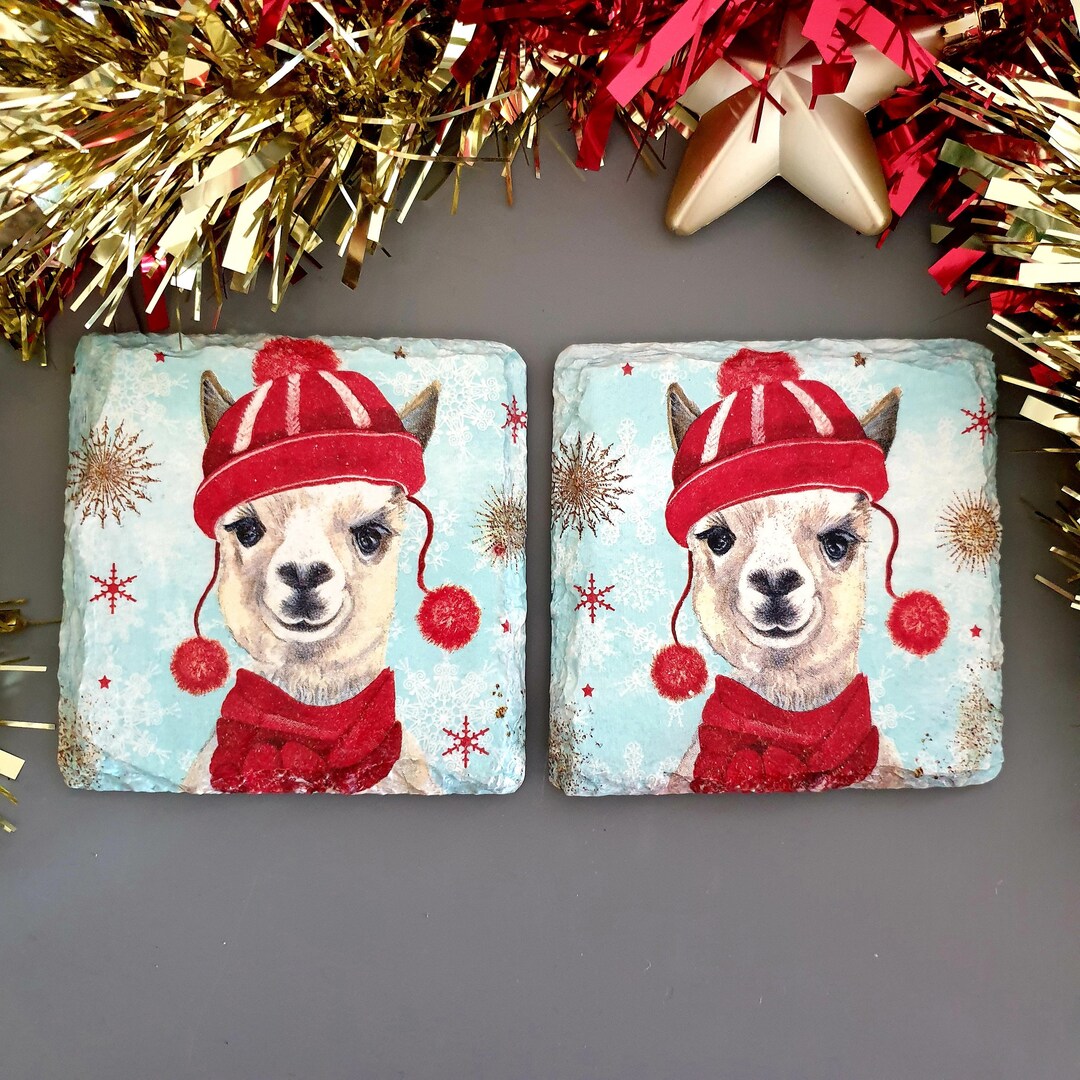 Christmas Lama Slate Coasters Set of 2 or 4 Funky Lama in Red - Etsy
