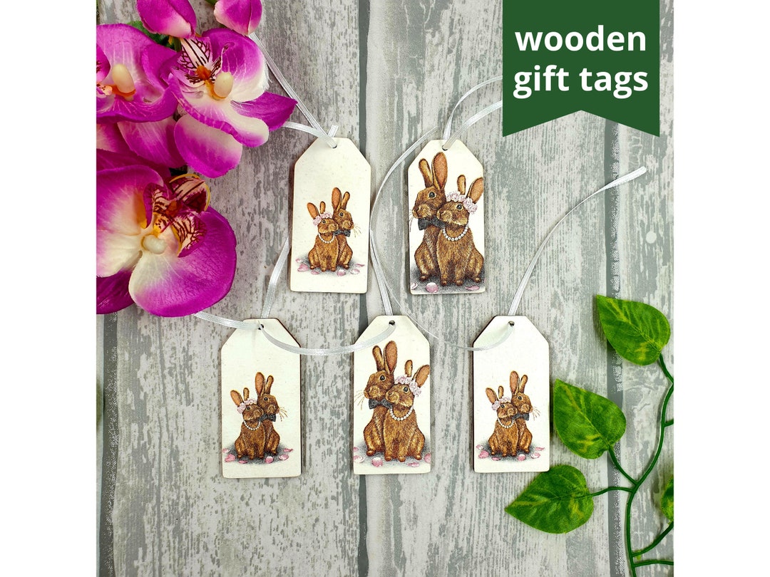 White Wedding Rabbits Gift Tags, Hares Couple Wooden Gift Tags for ...