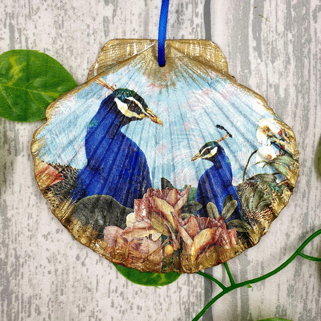 Personalised Peacock Hanging Shell Ornament, Vibrant Pair of Peacocks ...