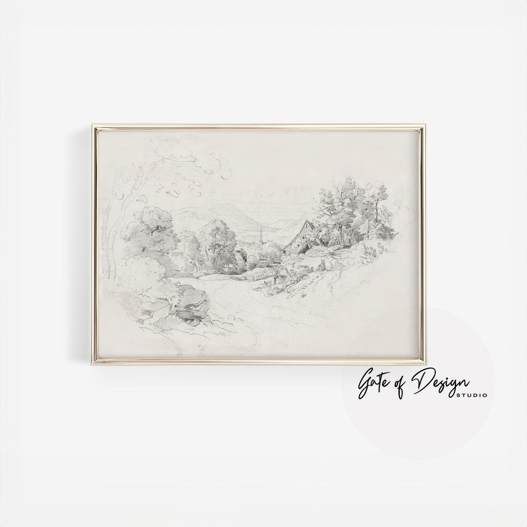 Vintage Village Sketch Artwork, Rustic Cottage Wall Art Print, Antique ...