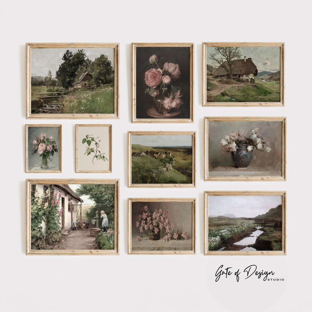 Vintage Cottage Still Life Gallery Wall Art Set - Moody Floral ...