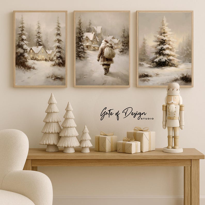 Vintage Christmas Wall Art Prints Set | Rustic Winter Landscape ...