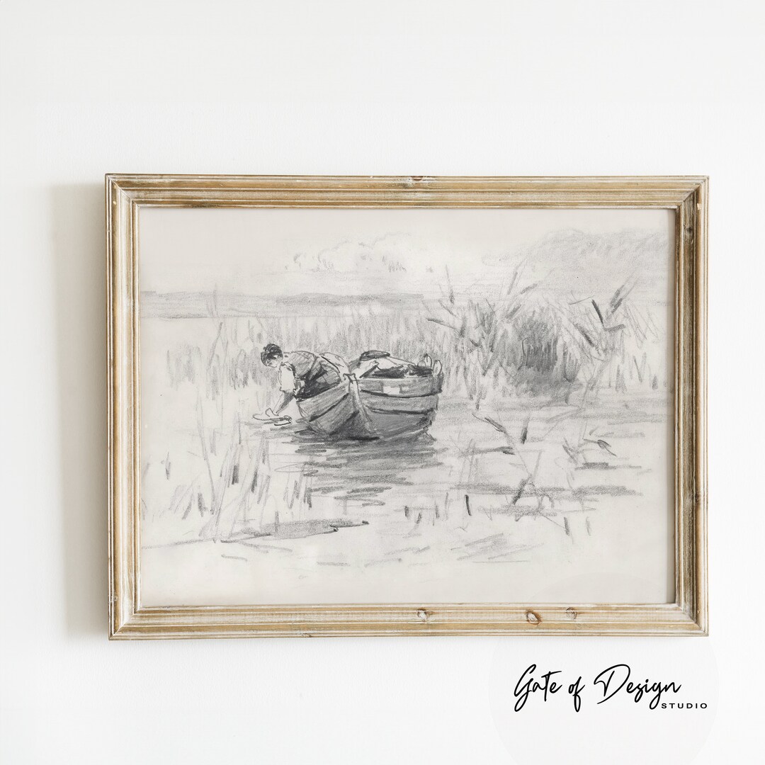 Vintage Sketch Wall Art, Drawing Lake Scene Line Art Boat Wall Pint ...