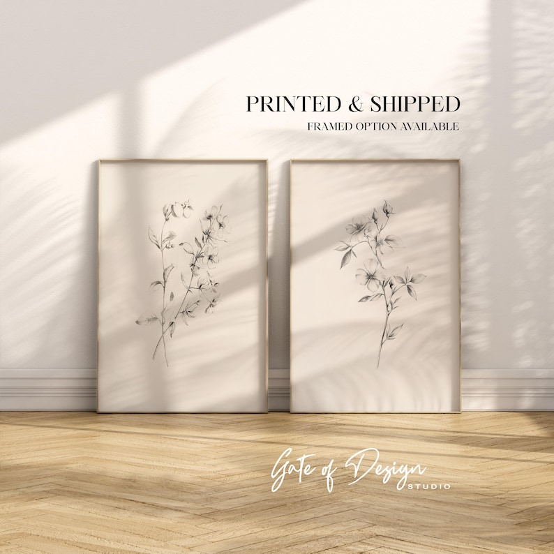 Framed Botanical Line Art Print Set: Minimalist Floral Sketch Printed ...