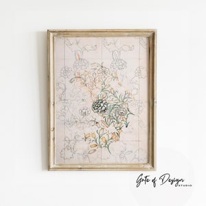 Vintage Flower Line Drawing European Art Print Neutral Floral Pattern ...