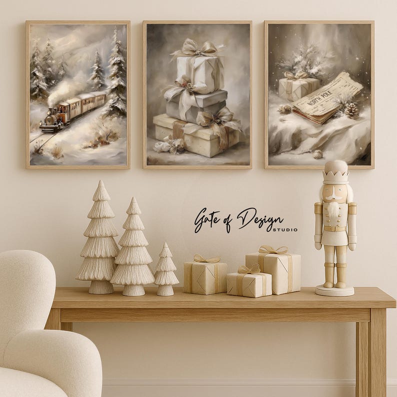 Vintage Christmas Wall Art Prints Set | Rustic Winter Landscape ...