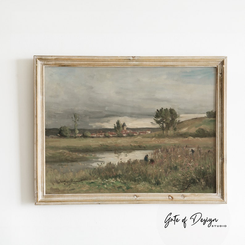 Vintage Village Landscape Print: Rustic Farmhouse Wall Art (digital ...