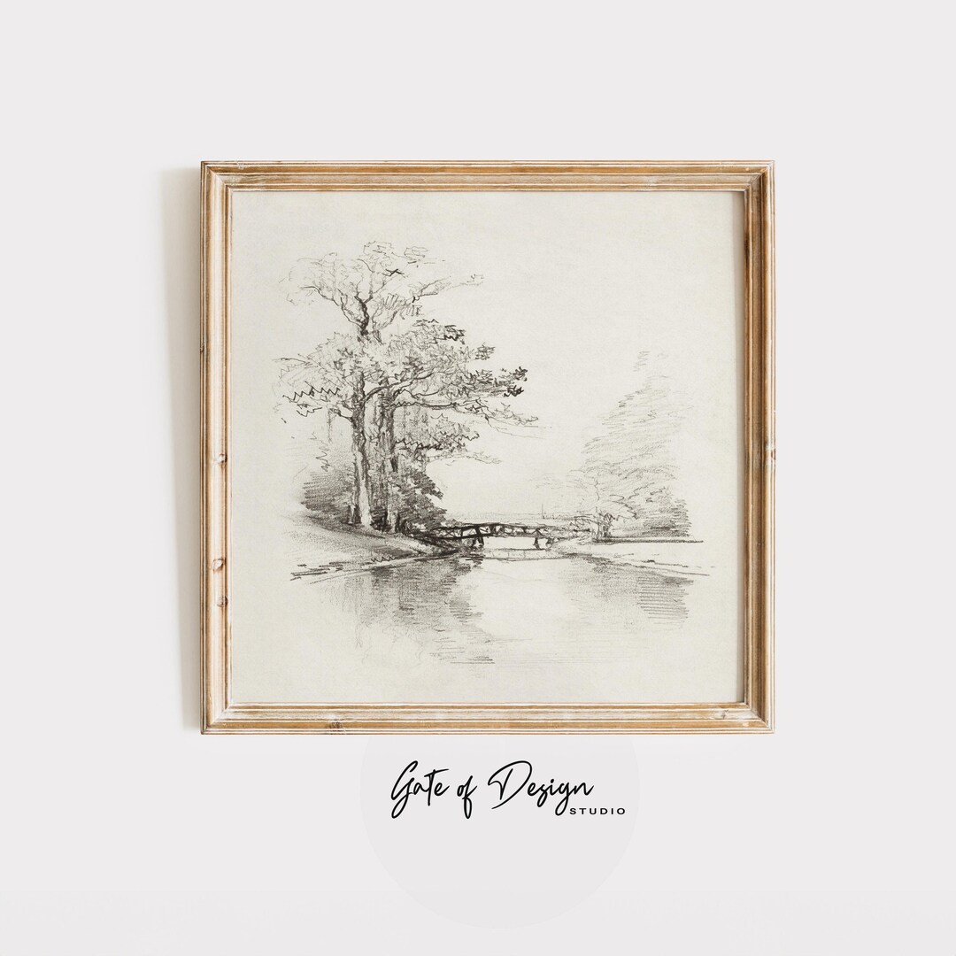 Square Vintage Tree Sketch Print: Neutral Antique Drawing Printable ...