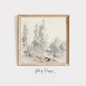 Square Forest Pencil Sketch Wall Art Print Vintage Landscape Wall Print ...