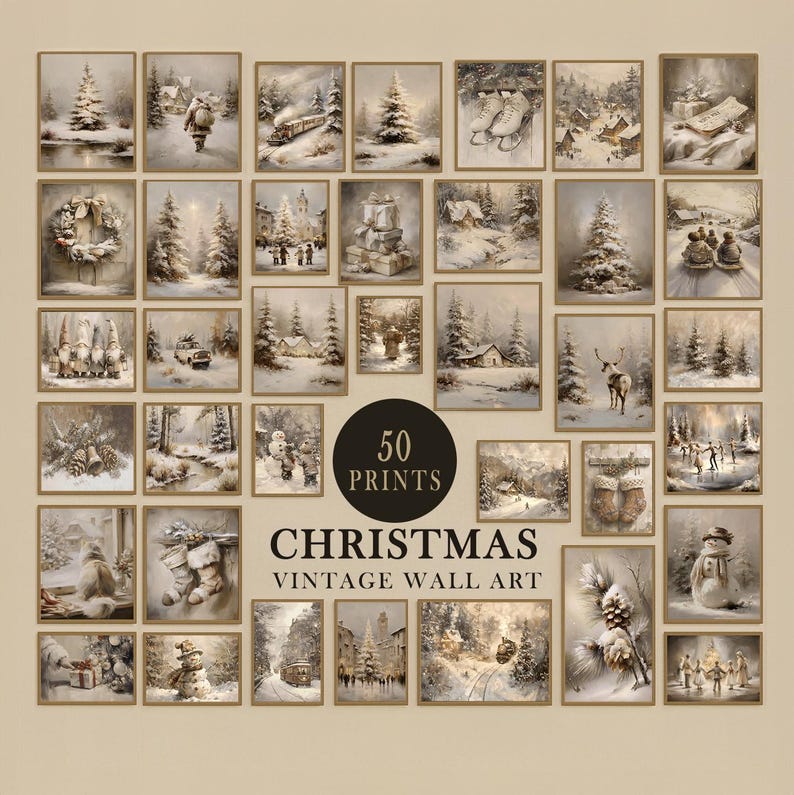 Vintage Christmas Wall Art Prints Set | Rustic Winter Landscape ...