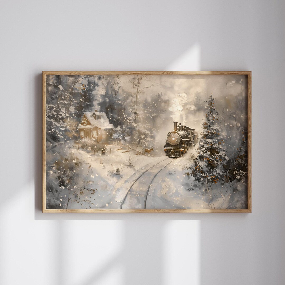 Vintage Christmas Train Art Print, Snowy Winter Cottage (digital ...