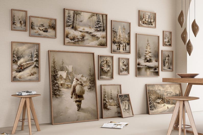 Vintage Christmas Wall Art Prints Set | Rustic Winter Landscape ...