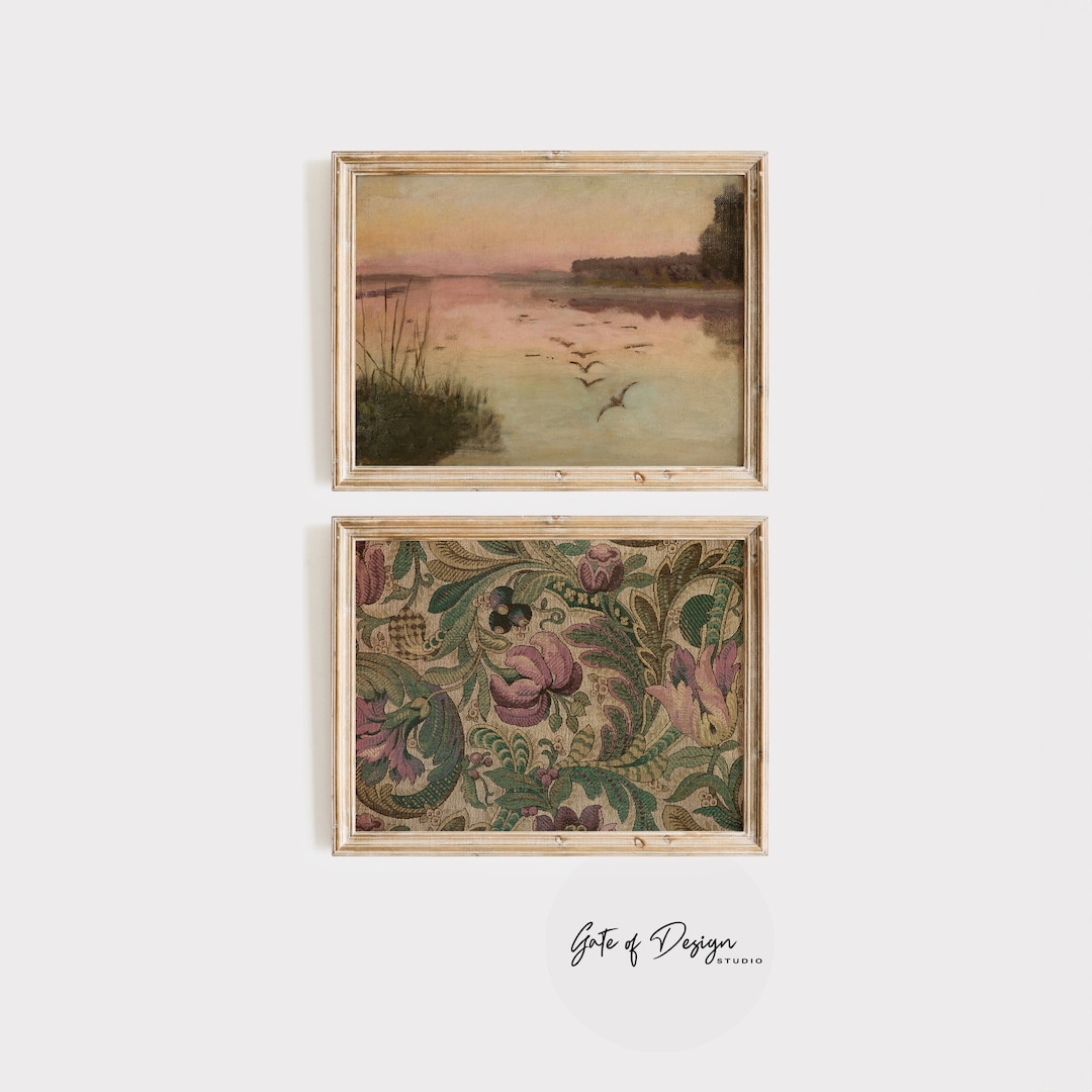 Cozy Wall Art Prints Set, Rustic Countryside Sunset & Floral Tapestry ...