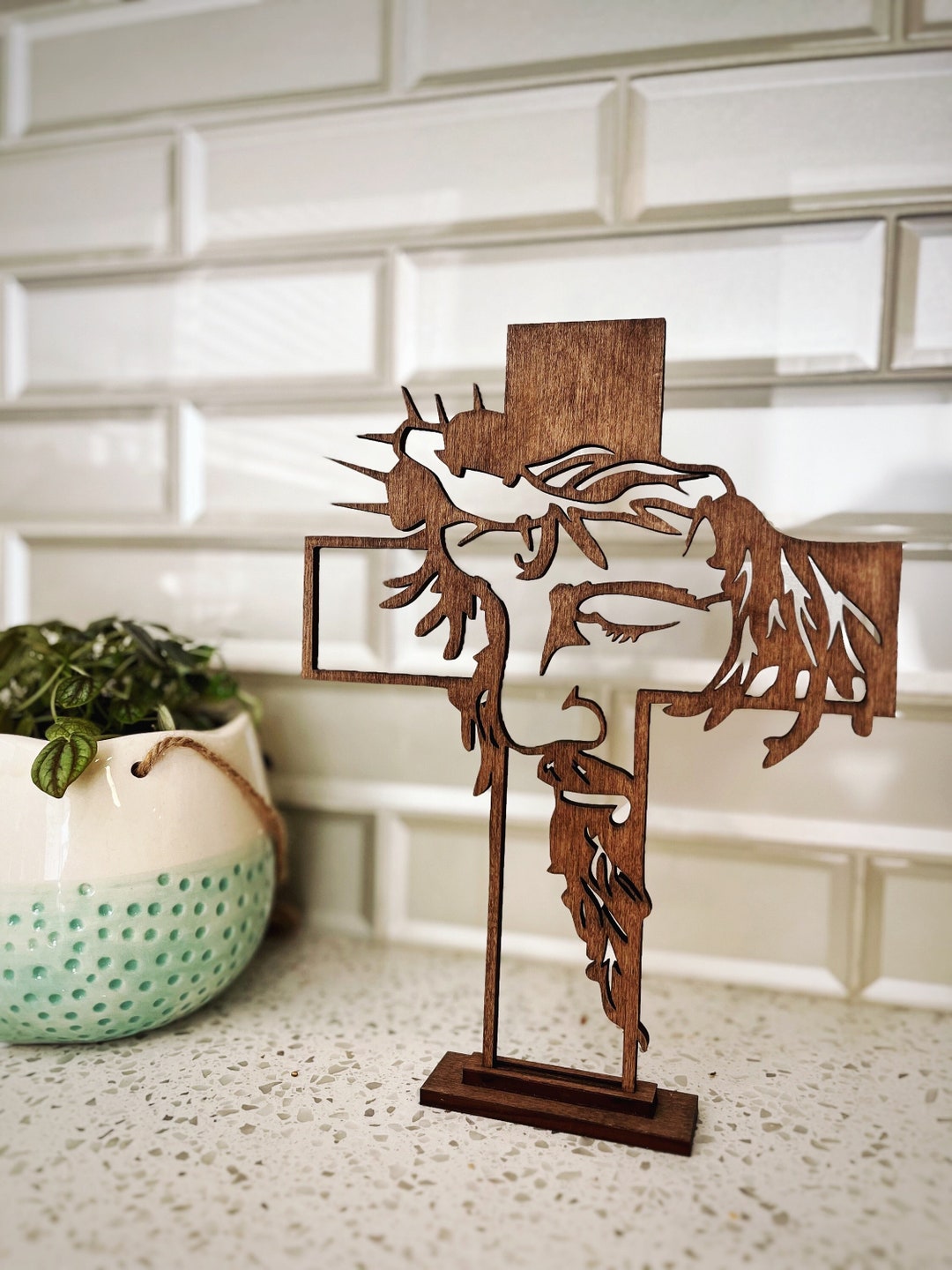 Crown of Thrones Wooden Jesus Cross, He is Risen Dark Walnut Crucifix ...