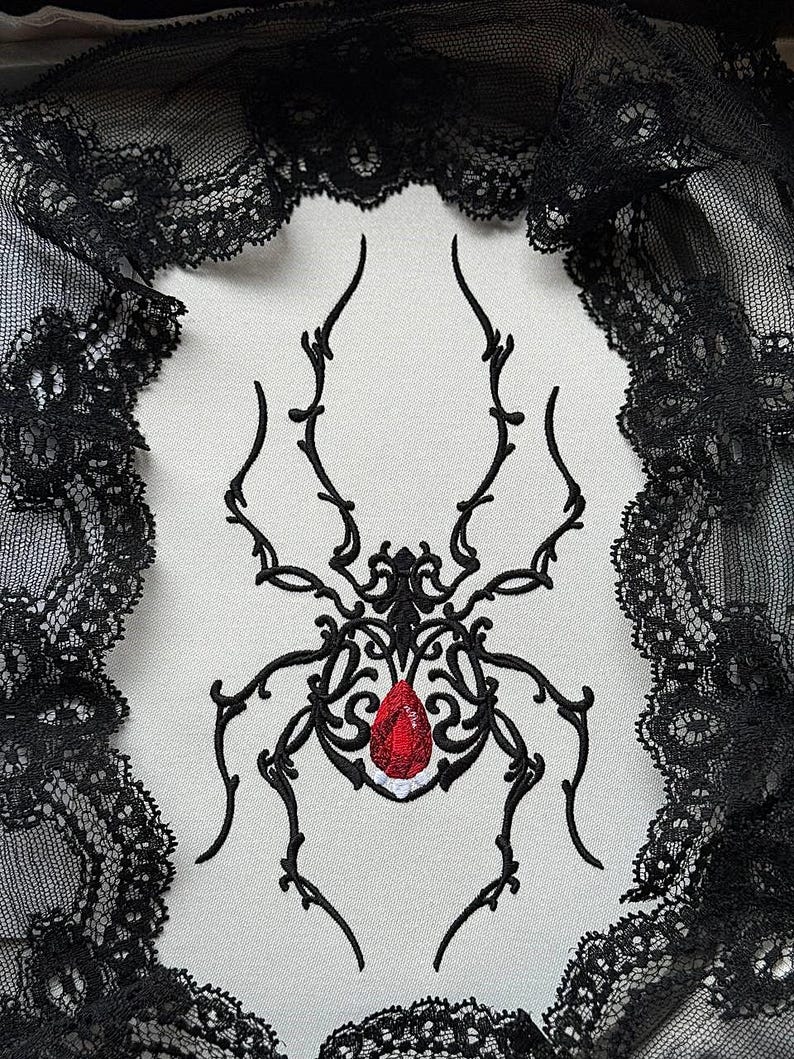 Gothic Spider Embroidery Design With Red Gem – Elegant Dark Lace ...