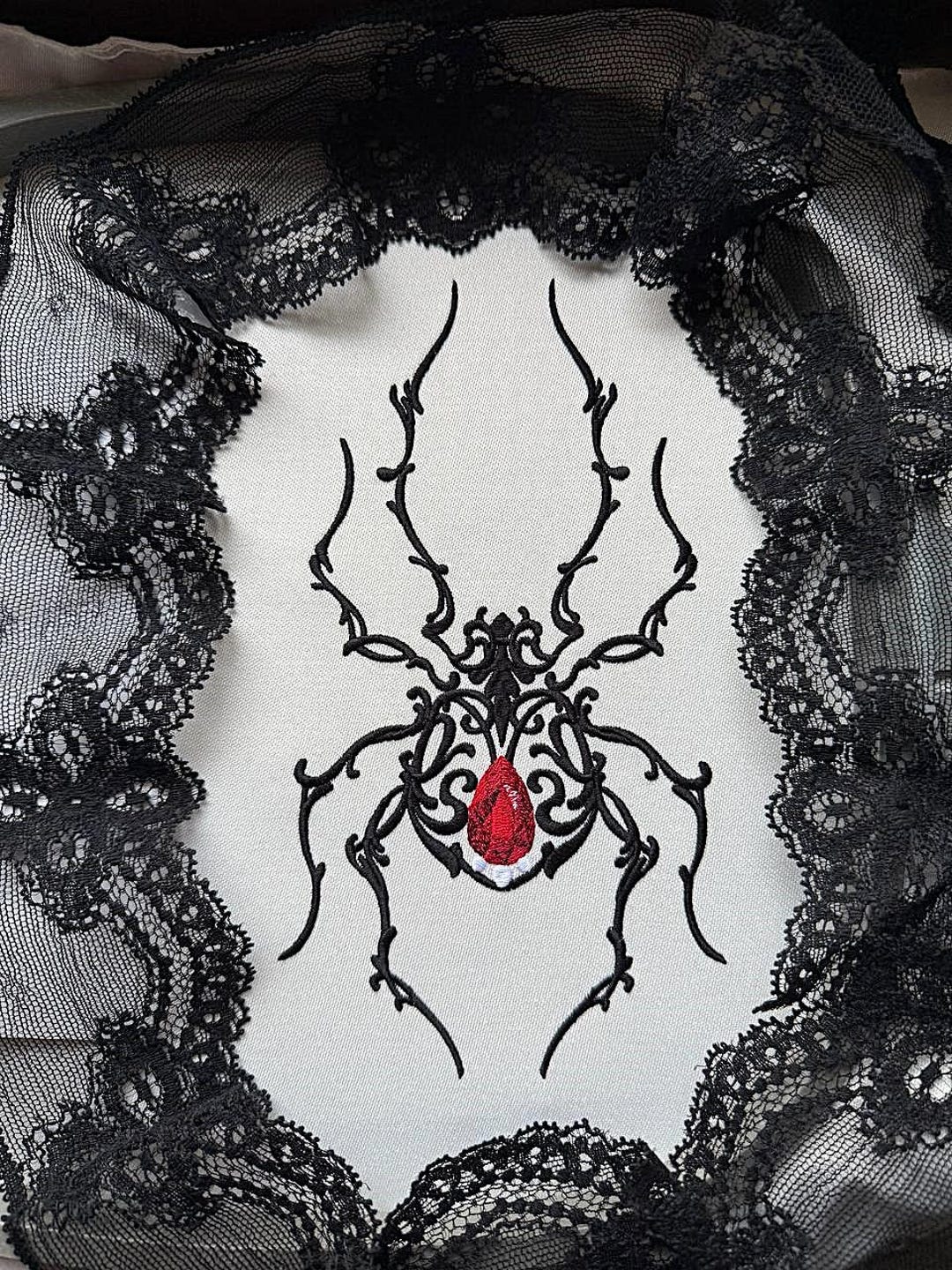 Gothic Spider Embroidery Design With Red Gem – Elegant Dark Lace ...