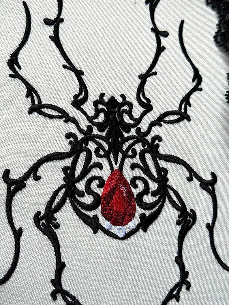 Gothic Spider Embroidery Design With Red Gem – Elegant Dark Lace ...