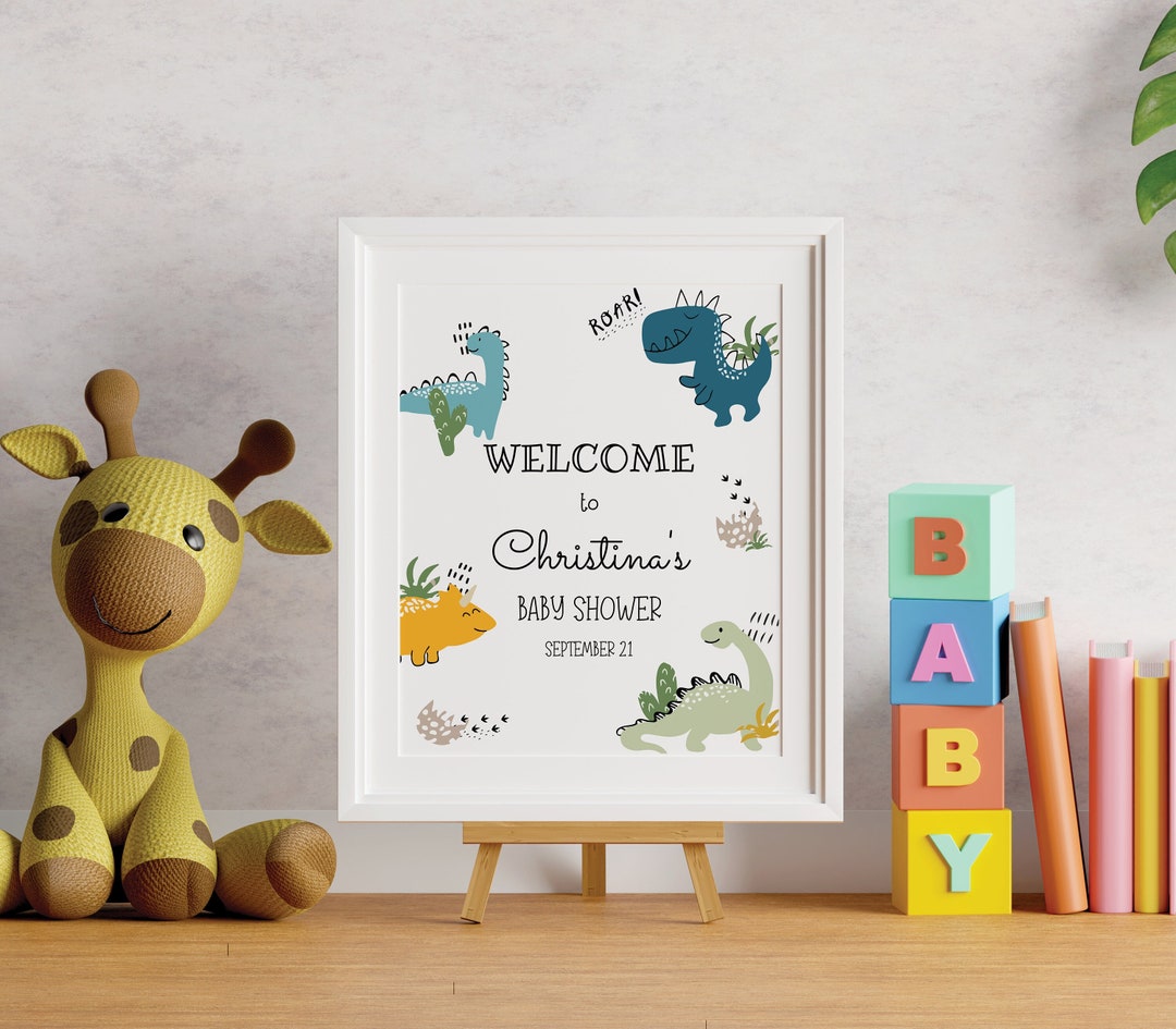 Dino Baby Shower Welcome Sign, Dinosaur Theme Baby Shower, Baby Welcome ...
