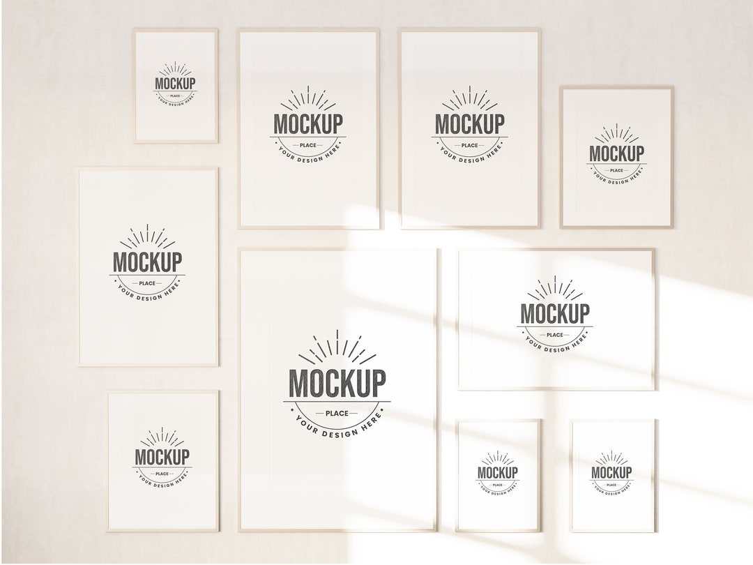 Gallery Wall Mockup, Light Wood Ten Frames Mockup, Wall Art Mockup ...
