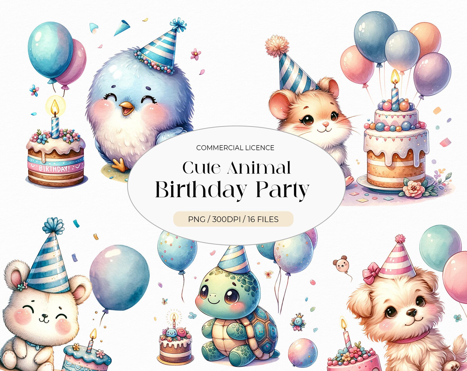 Watercolor Animal Happy Birthday Clipart Set, Birthday Party SVG ...