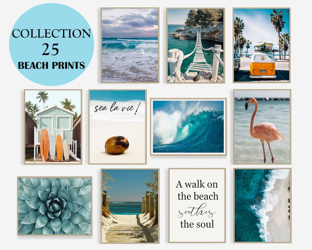Beach Gallery Wall Set of 25 Prints, Coastal Beach Wall Art, Surfing ...