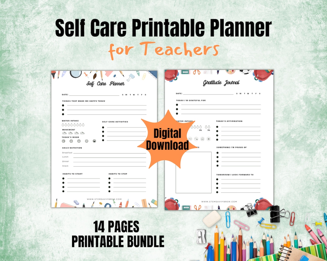 Self Care Planner Printable for Teachers | Digital Habit Tracker ...