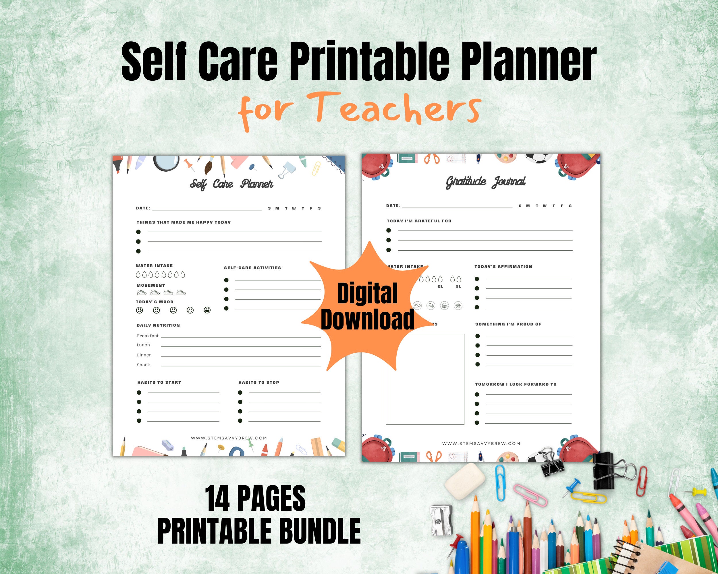 Self Care Planner Printable for Teachers Digital Habit Tracker Health ...