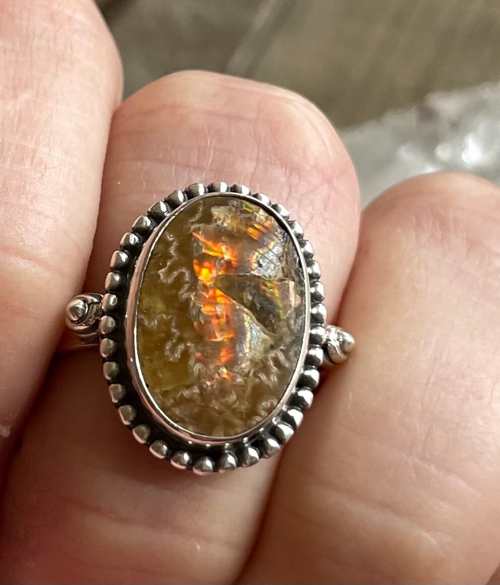 Sutured Ammonite With Red Ammolite Sterling Silver Ring Size - Etsy