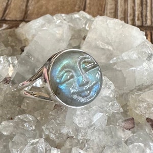 Carved Labradorite Sterling Silver Ring, Size 8.5, Goddess Face Design ...