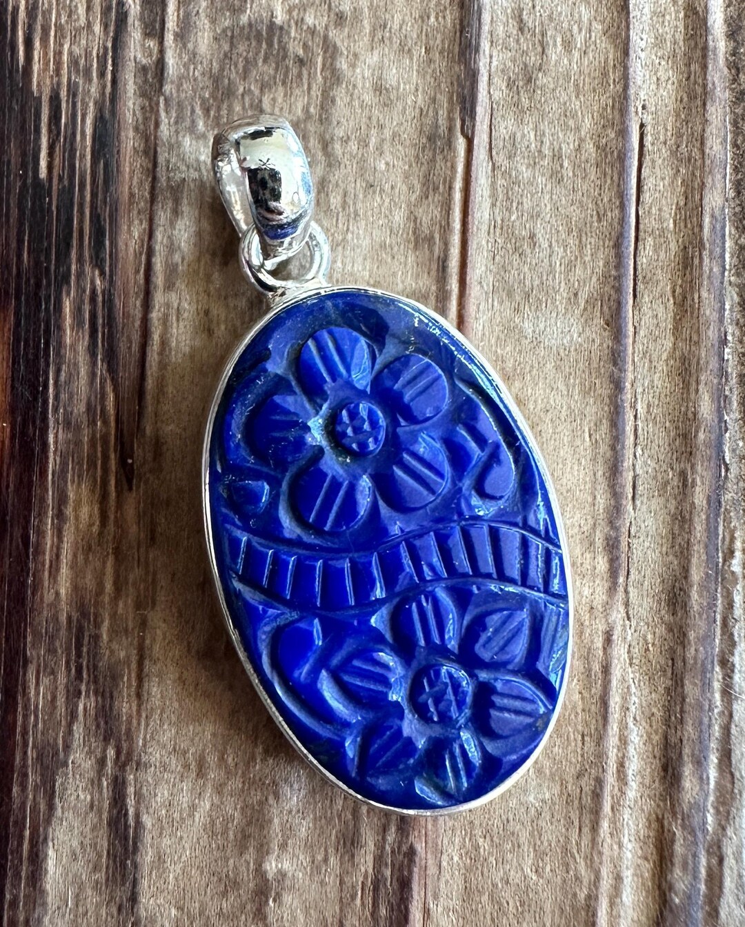 Carved Lapis Lazuli Sterling Silver Pendant, Hand Carving, Oval Gem ...