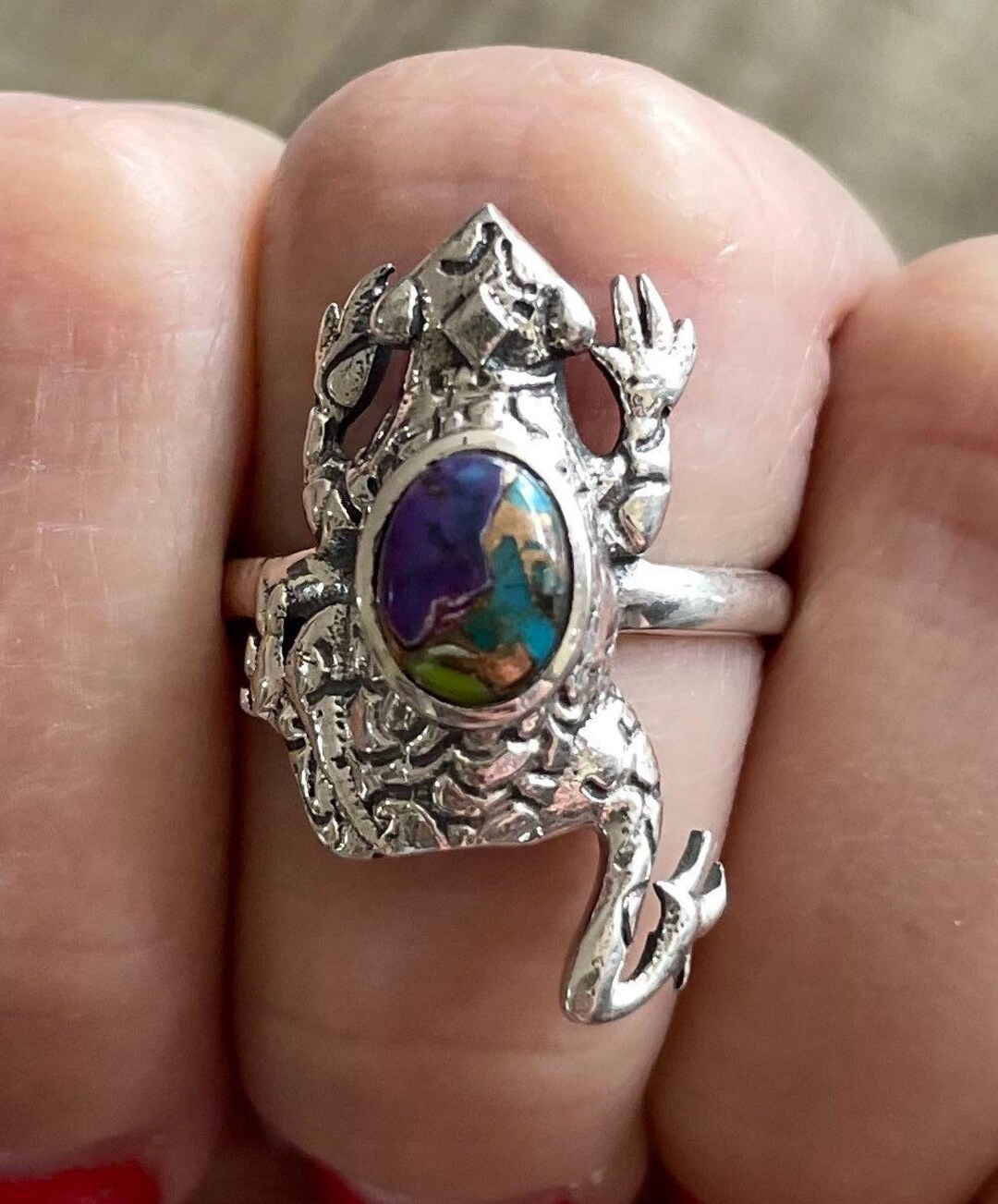 Copper Turquoise Sterling Silver Frog Ring, Size 8.5, Blue Purple Green ...