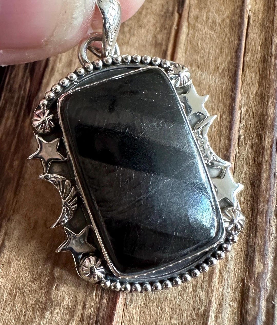 Hypersthene Sterling Silver Pendant, Crescent Moon & Stars, Iridescent ...