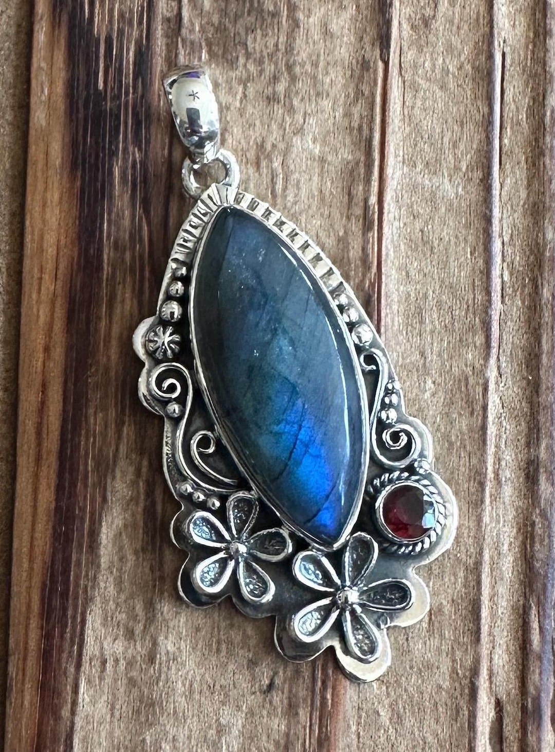 Labradorite & Garnet Sterling Silver Pendant, Blue Flash Marquise Gem, Floral Flower Design ...