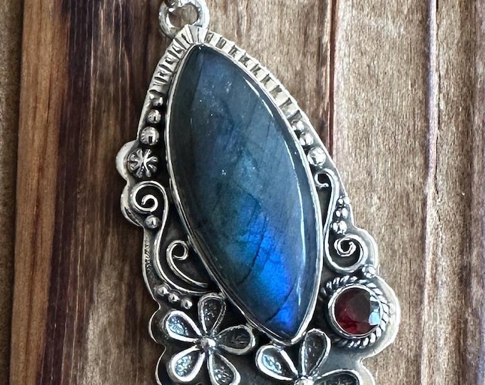 Labradorite & Garnet Sterling Silver Pendant, Blue Flash Marquise Gem, Floral Flower Design ...
